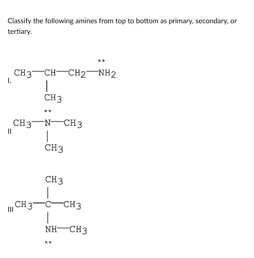 SOLVED: Classify the following amines from top to bottom as primary, secondary, or tertiary. 00 ...