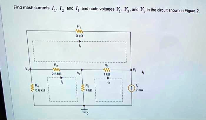 Find mesh currents I1, I2, and I3, and node voltages V1, V2, and V3 in the circuit shown in ...