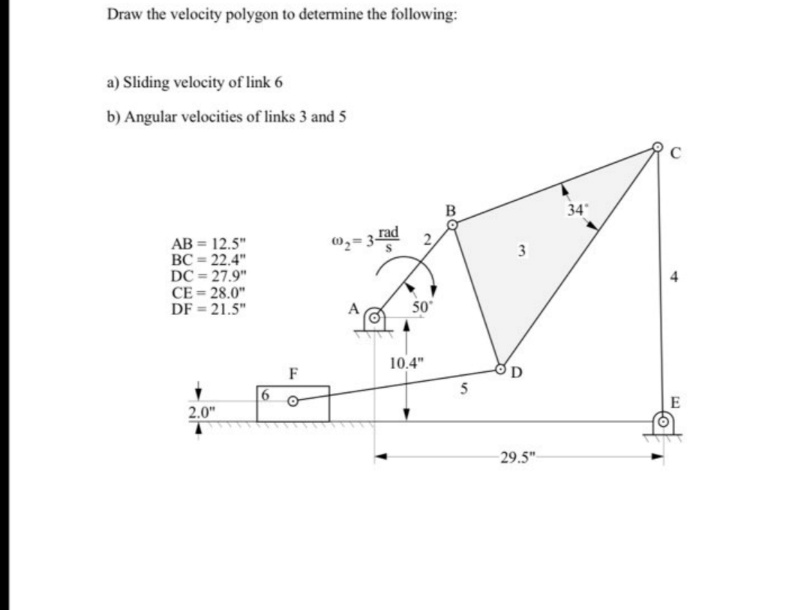 Draw the velocity polygon to determine the following: a) Sliding velocity of link 6 b) Angular ...