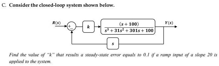 SOLVED: Consider the closed-loop system shown below: R(S) s + 100 Y(s) s^3 + 31s^2 + 301s + 100 ...