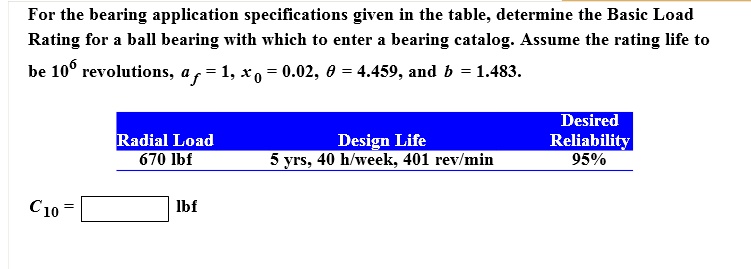 For the bearing application specifications given in the table, determine the Basic Load Rating ...