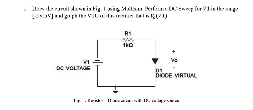 1. Draw the circuit shown in Fig. 1 using Multisim. Perform a DC Sweep for V1 in the range [-5V ...