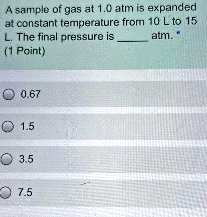 A sample of gas at 10 atm is expanded at constant...