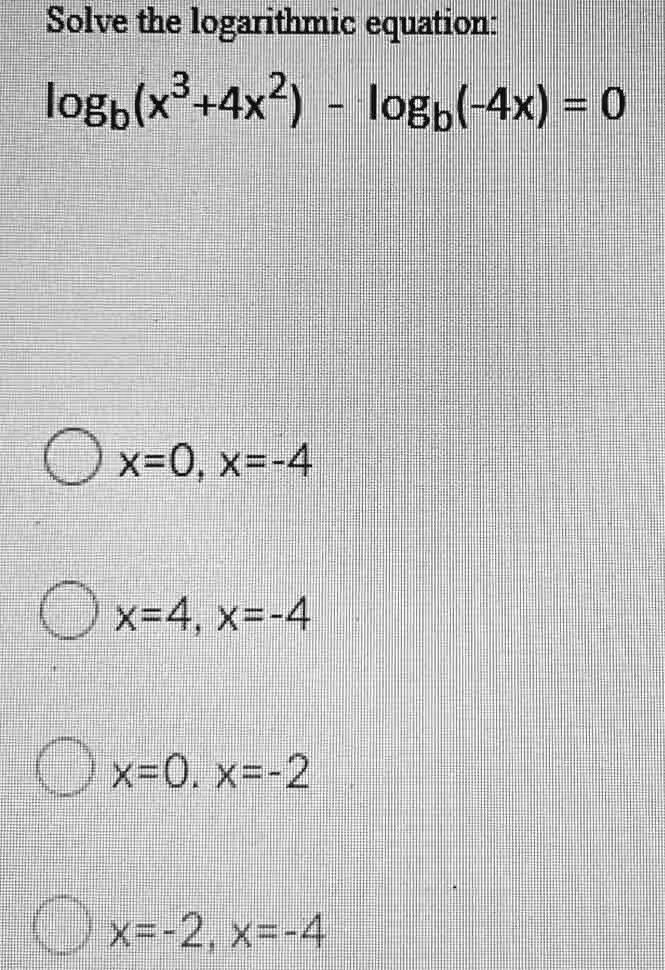 Solve the logarithmic equation logb(x^2+4x^2) |logb(-4x)| = 0