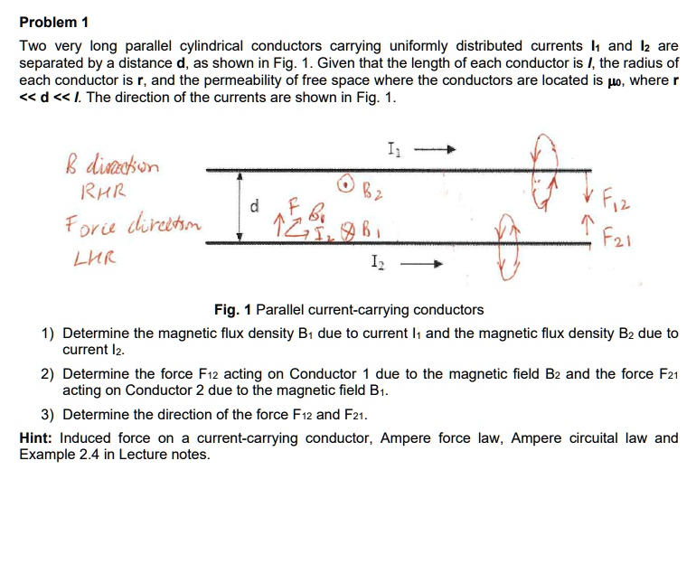 SOLVED: Two very long parallel cylindrical conductors carrying uniformly distributed currents I1 ...