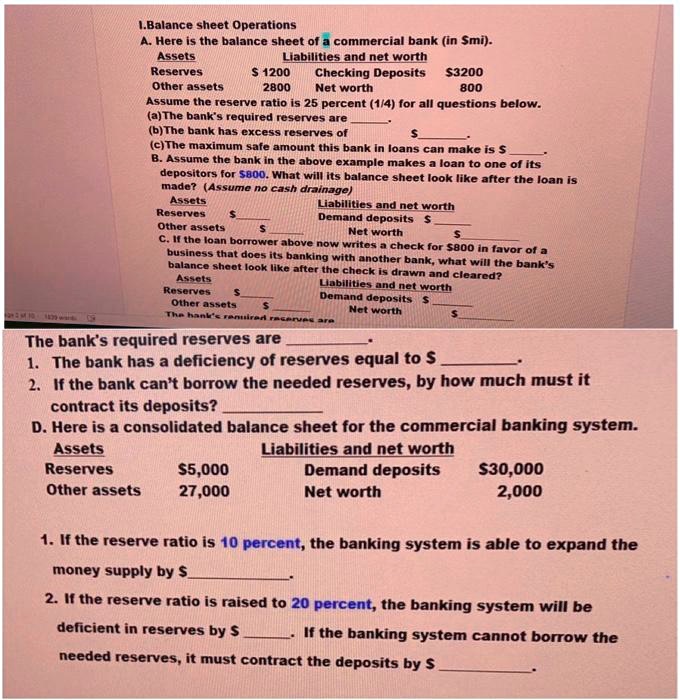 SOLVED: Balance Sheet Operations Here is the balance sheet of a ...