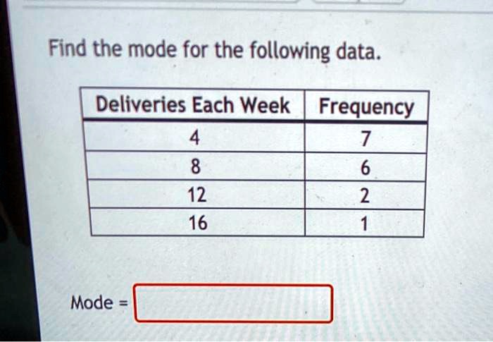 SOLVED: Find the mode for the following data. Deliveries Each Week Frequency 4 7 8 12 16 6 2 Mode