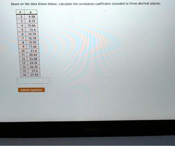 SOLVED: Based on the data shown below calculate the correlation coefficient (rounded to three ...