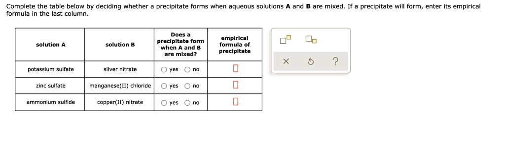 Complete the table below by deciding whether precipitate forms when aqueous solutions formula in ...