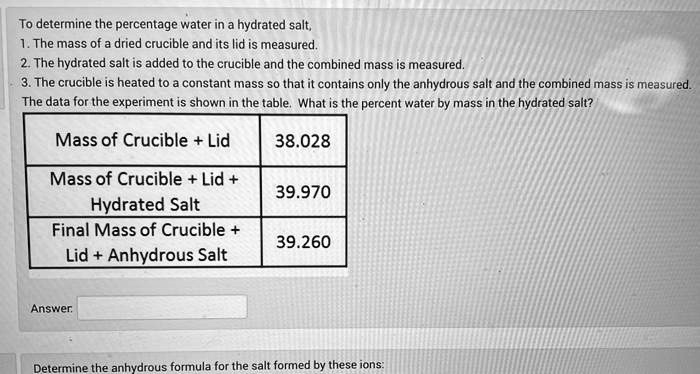 SOLVED: To determine the percentage water in hydrated salt; The mass of ...