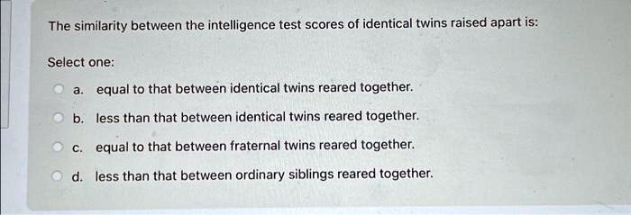 The similarity between the intelligence test scores of identical twins ...