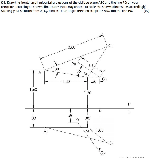 Q2. Draw the frontal and horizontal projections of the oblique plane ABC and the line PQ on your ...