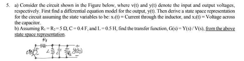 SOLVED: 5. a) Consider the circuit shown in the Figure below, where v(t) and y(t) denote the ...