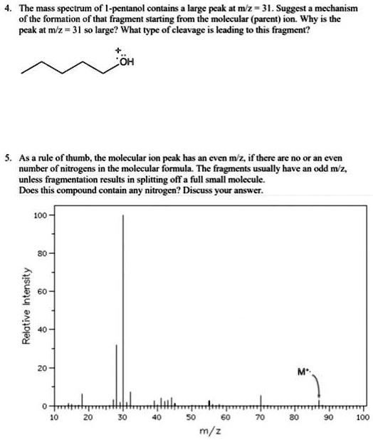 4. The mass spectrum of 1-pentanol contains a large peak at m/z = 31. Suggest a mechanism of the ...