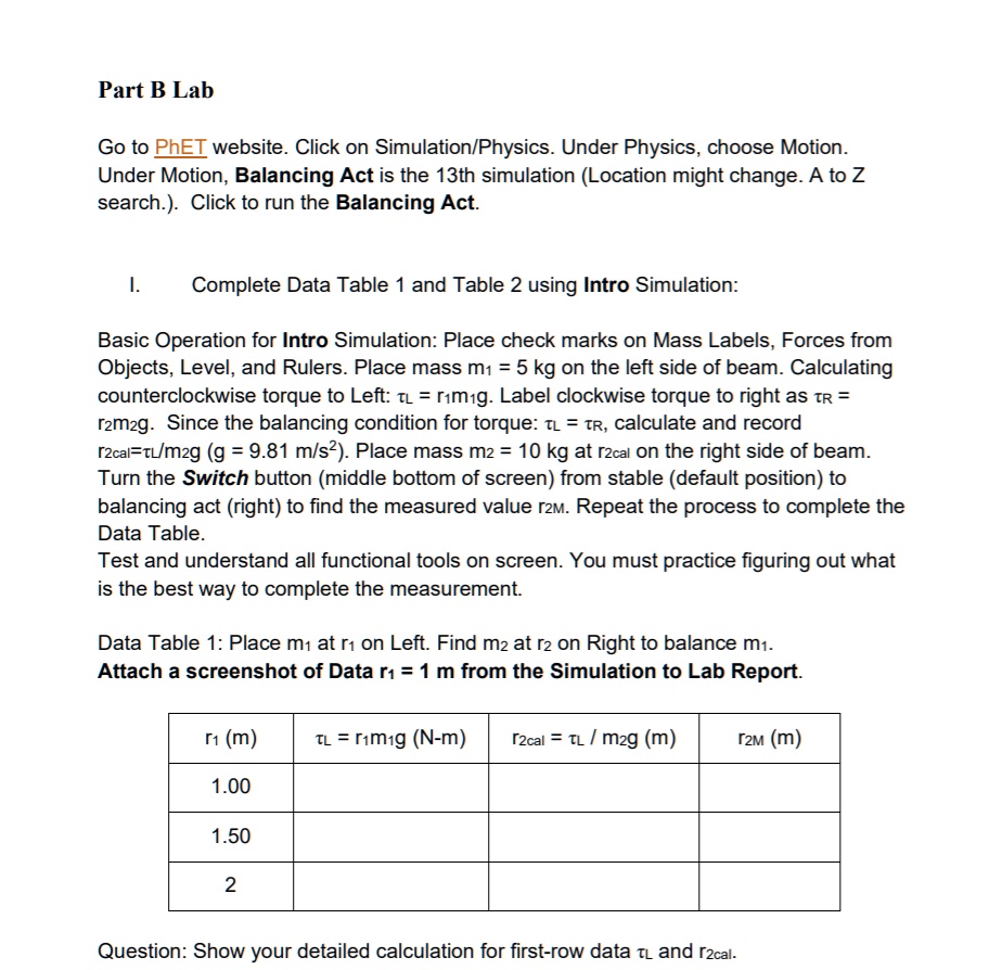 SOLVED: Part B Lab Go to PhET website Click on Simulation/Physics. Under Physics, choose Motion ...