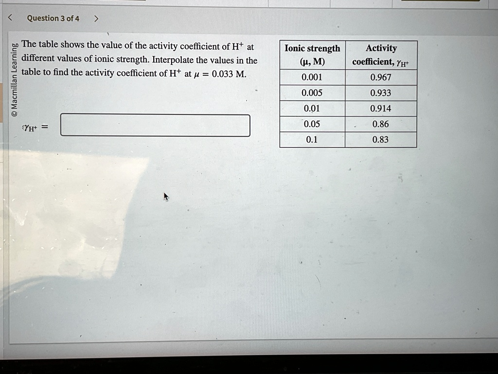 question 3 of 4 the table shows the value of the activity coefficient of hat different values of ...