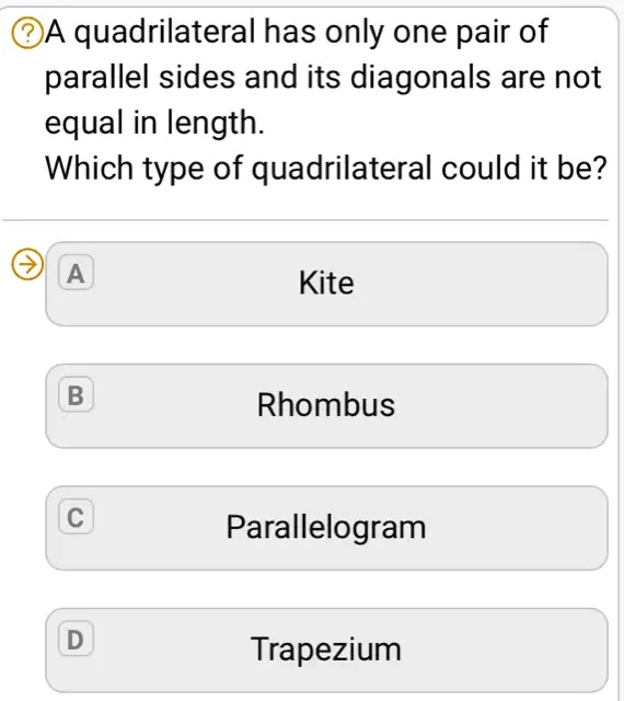 SOLVED: A quadrilateral has only one pair of parallel sides and its ... SOLVED: A quadrilateral has only one pair of parallel sides and its ...