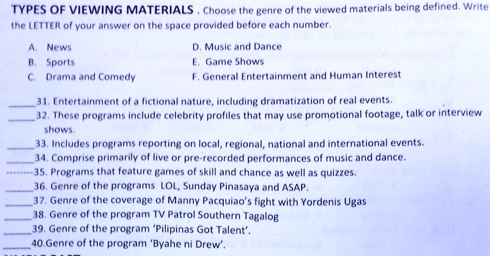 SOLVED: Please answer, thank you. TYPES OF VIEWING MATERIALS: Choose ...