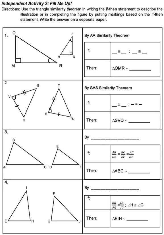 SOLVED: Independent Activity 2: Fill Me Up Directions: Use the triangle similarity theorem in ...