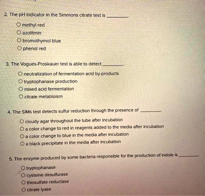 SOLVED: The pH indicator in the Simmons citrate test is O methyl red ...