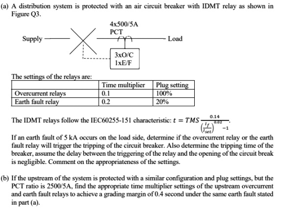 SOLVED: Distribution system is protected with an air circuit breaker with IDMT relay as shown in ...