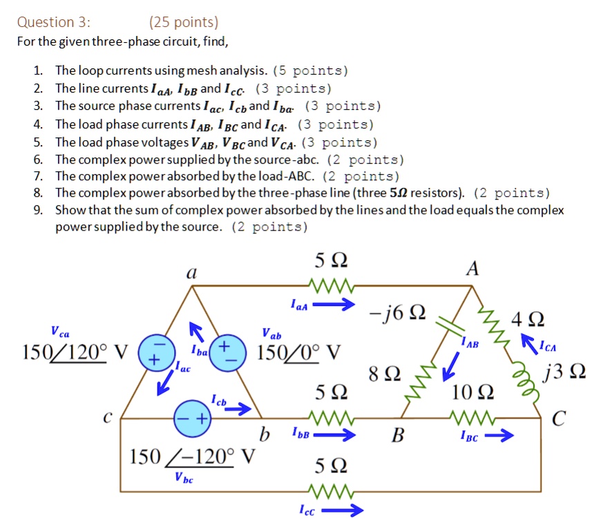 SOLVED: Question 3: (25 points) For the given three-phase circuit, find: 1. The loop currents ...