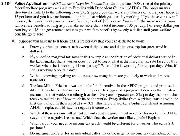 SOLVED: 3.18*t Policy Application: AFDC versus a Negative Income Tax ...