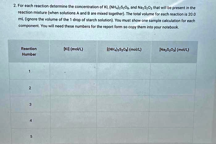 SOLVED: 2. For each reaction, determine the concentration of KI, (NH4)SO4, and Na2SO4 that will ...