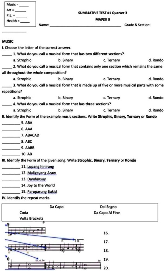 SOLVED: 'Paki sagot po tenchu!! Music = An PE Health Summative TEST 61 ...