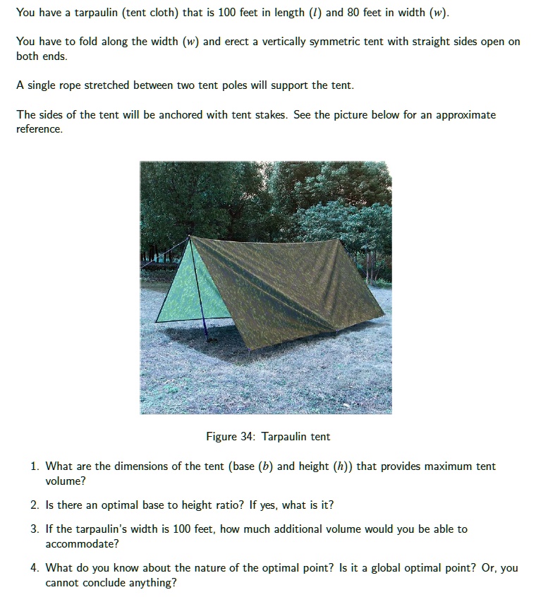 You have a tarpaulin (tent cloth) that is 100 feet in length (l) and 80 ...