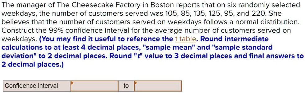 the manager of the cheesecake factory in boston reports that on six ...