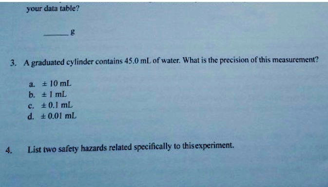 SOLVED: your dala table? A graduated cylinder contains 45.0 mL of water ...