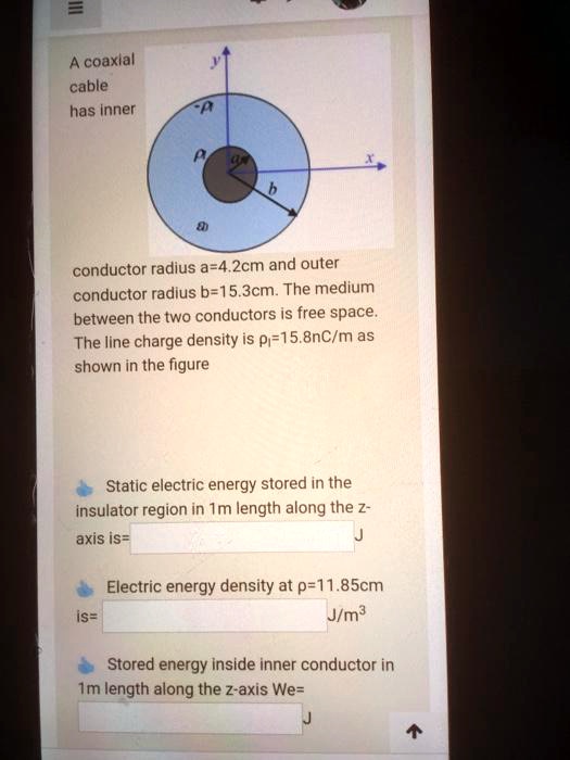 SOLVED: A coaxial cable has an inner conductor radius a = 4.2 cm and an ...