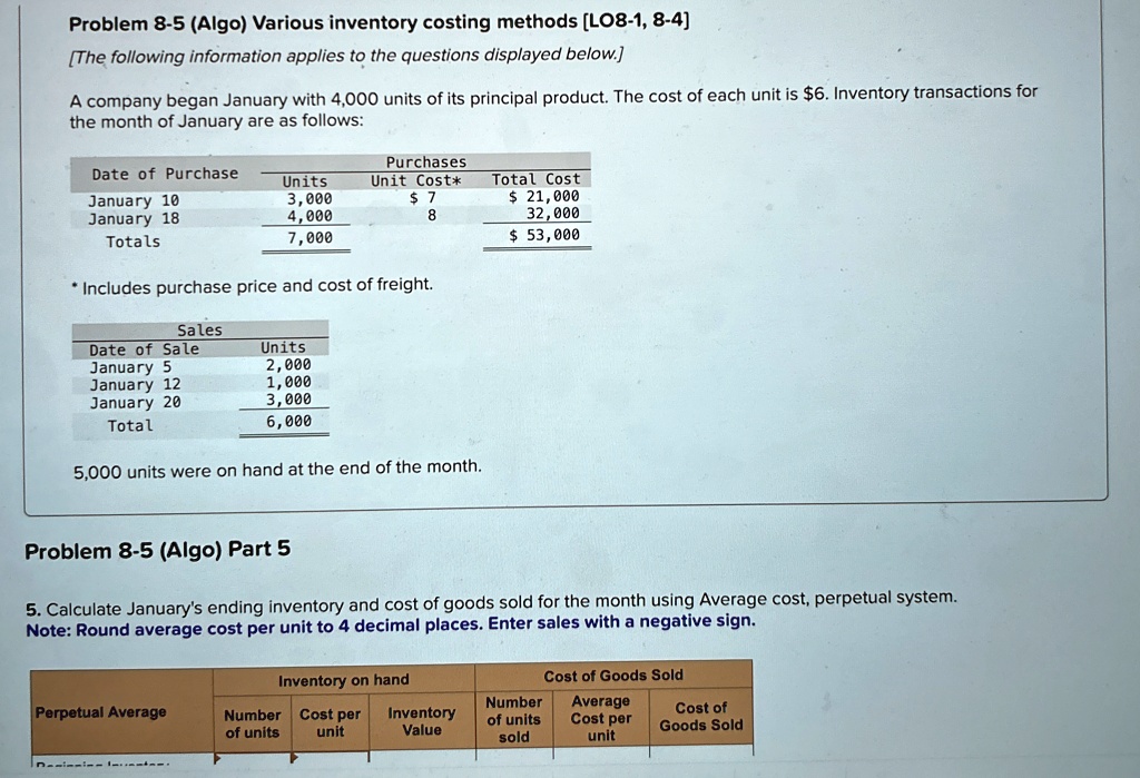 problem 8 5 algo various inventory costing methods lo8 1 8 4 the following information applies ...