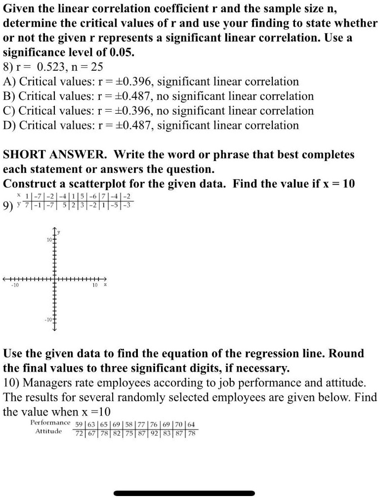 SOLVED: Given the linear correlation coefficient r and the sample size n, determine the critical ...