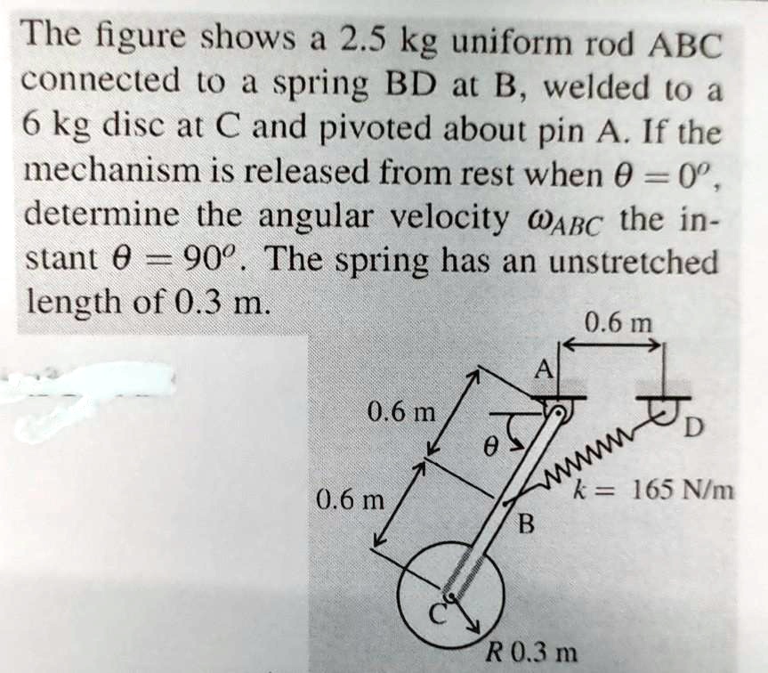 The figure shows a 2.5 kg uniform rod ABC connected to a spring BD at B ...