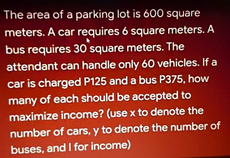 The area of a parking lot is 600 square meters. A car requires 6 square ...