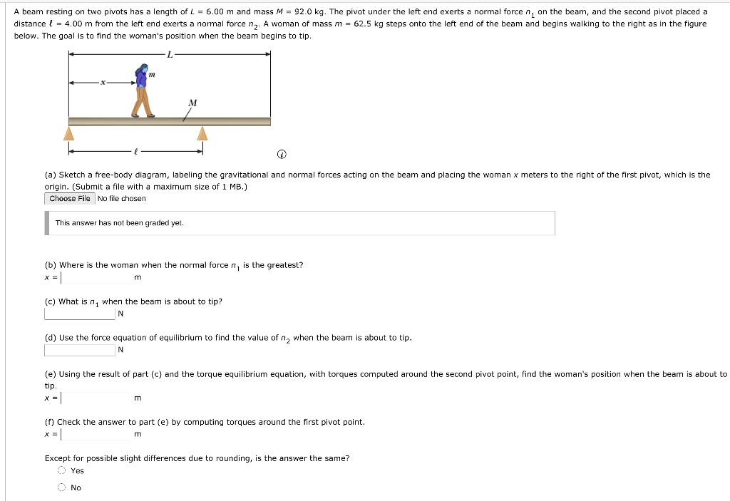 SOLVED: Beam resting on pivots has a length of L = 6.00 m and mass M = 92.0 kg. The pivot under ...