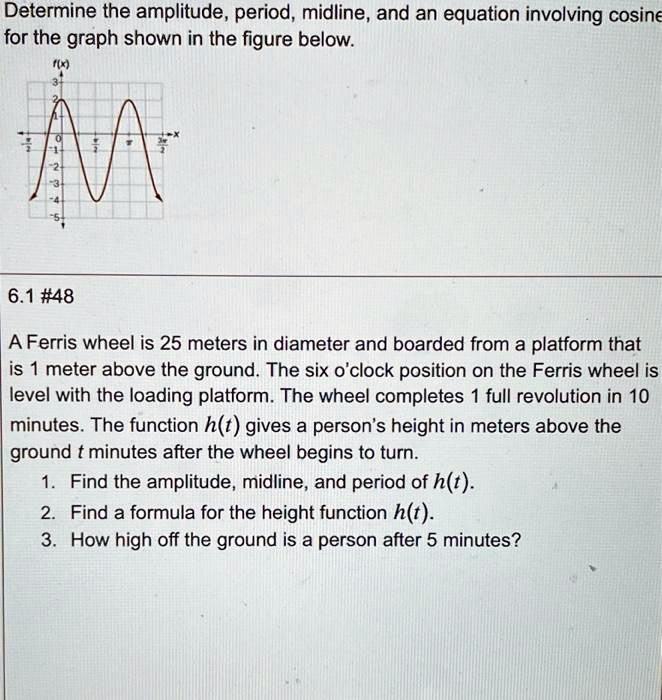 SOLVED: Determine the amplitude, period, midline, and an equation ...