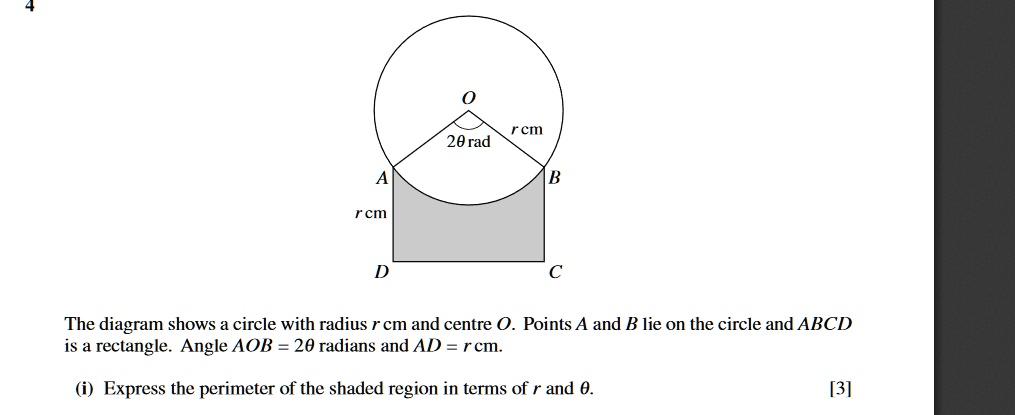 The diagram shows a circle with radius r cm and centre O. Points A and B lie on the circle and ...