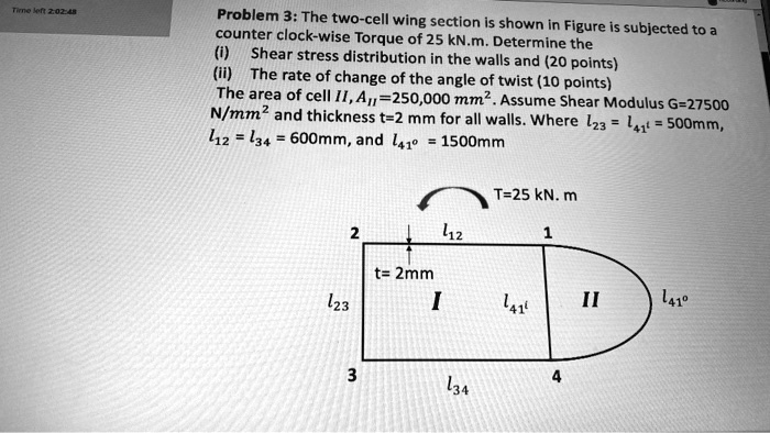 SOLVED: Problem 3: The two-cell wing section is shown in Figure is subjected to a counter clock ...