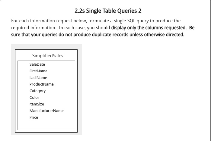 2.2s Single Table Queries 2 For each information request below, formulate a single SQL query to ...