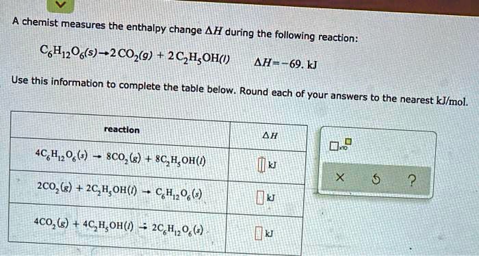 SOLVED: A chemist measures the enthalpy change Î”H during the following reaction: C6H12O6(s) â ...