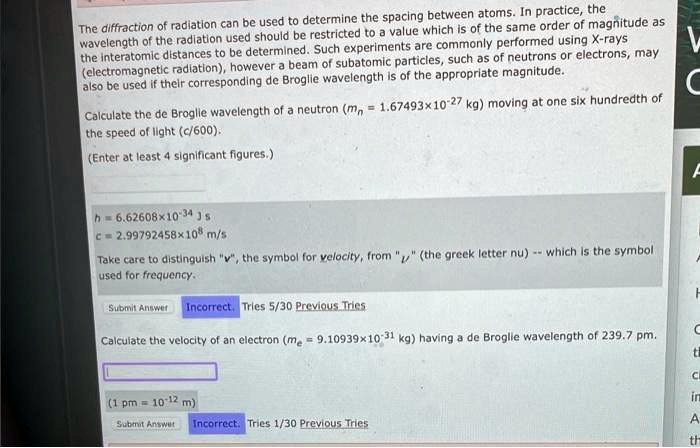 SOLVED: The diffraction of radiation can be used to determine the spacing between atoms. In ...