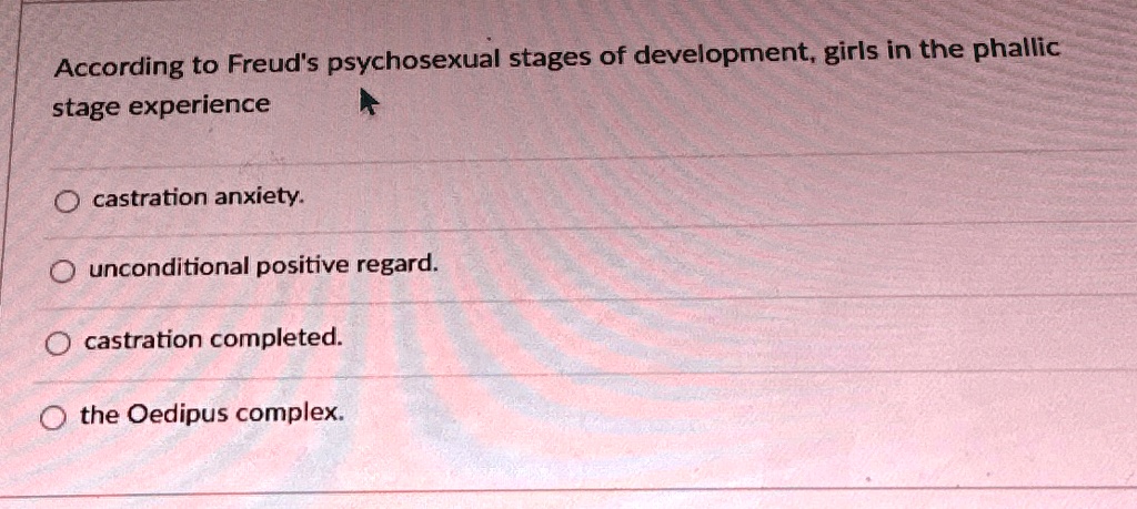According to Freud's psychosexual stages of development, girls in the ...
