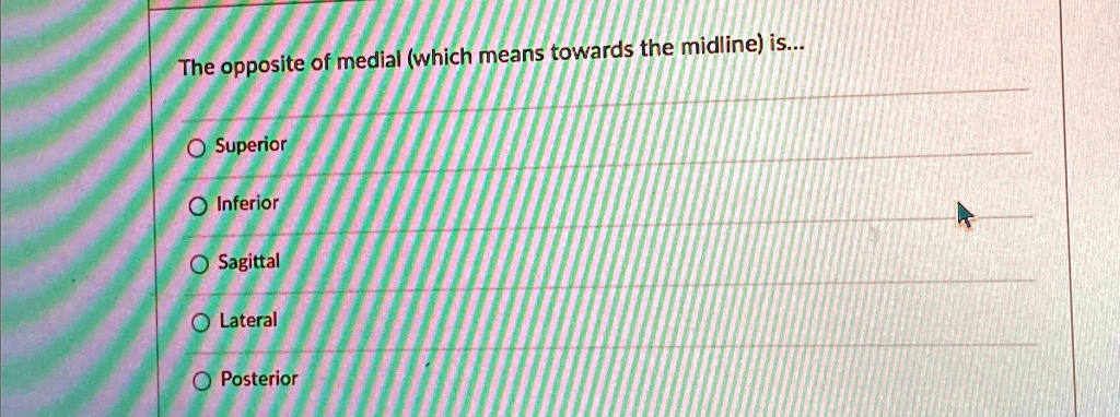The opposite of medial (which means towards the midline) is... Superior ...