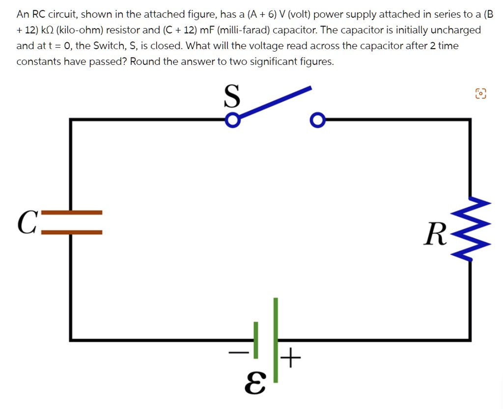An RC circuit, shown in the attached figure, has a (A + 6) V (volt) power supply attached in ...
