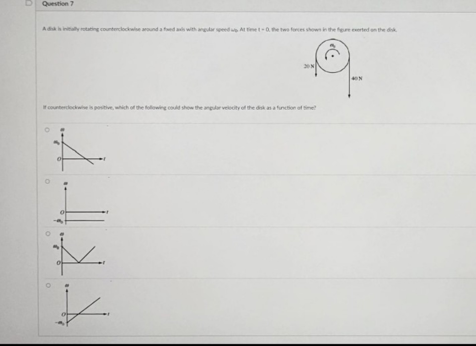 Question 7 A disk is initially rotating counterclockwise around a foed axis with angular speed ...