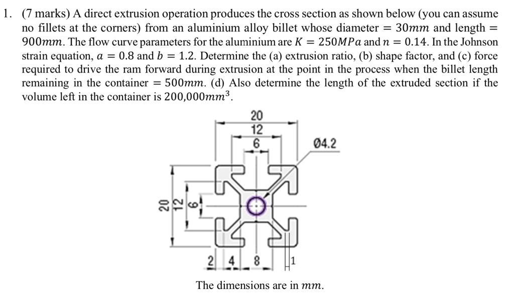 SOLVED: 1. (7 marks) A direct extrusion operation produces the cross ...