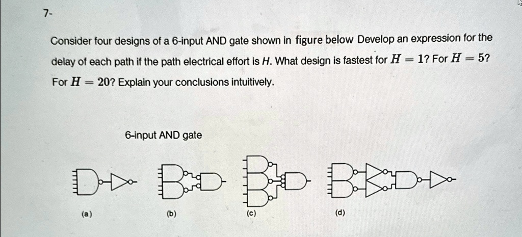 7- Consider four designs of a 6-input AND gate shown in figure below Develop an expression for ...